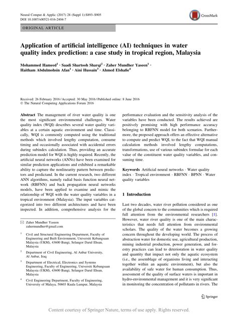 Application Of Artificial Intelligence Ai Techniques In Water Quality