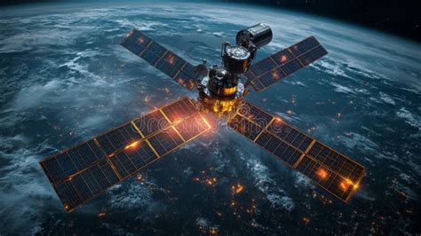Advanced Satellite Monitoring Earths Surface With Solar Panels Generating Power For Data