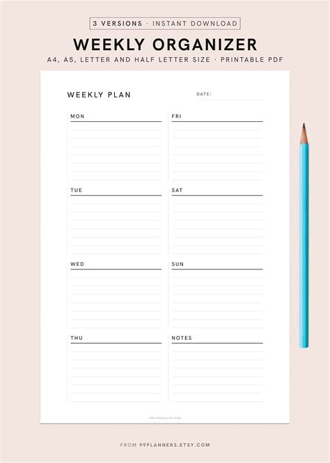 Organizador Semanal Imprimible A4 Carta De Ee Uu A5 Etsy México