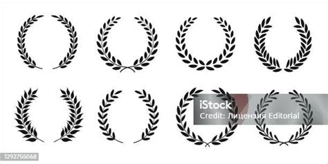 상 업적 헤럴드 귀족을 묘사한 원형 월계수 화환의 흑백 실루엣 세트 벡터 일러스트 Eps 10 문장에 대한 스톡 벡터 아트 및