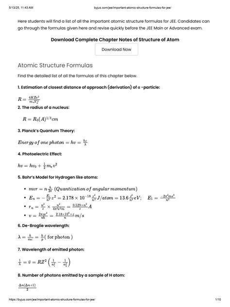 Jeeimportant Atomic Structure Formulas For Jee Pdf