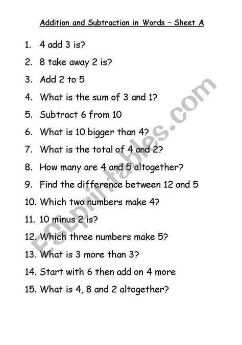 Addition And Subtraction In Words ESL Worksheet By Jools