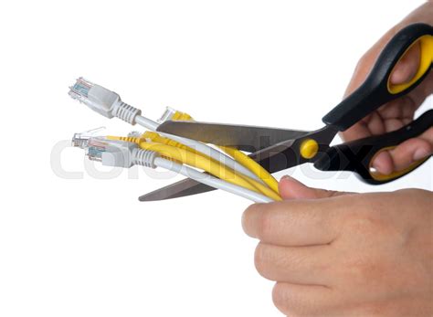 Scissors Cutting The Network Cable On White Backgrund Stock Image