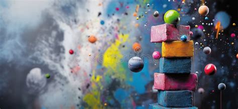 Colorful Abstract Composition With Floating Spheres And Stacked Blocks Vibrant Splashes Of