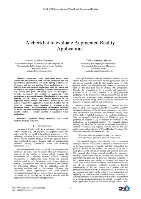 PDF A Checklist To Evaluate Augmented Reality Applications