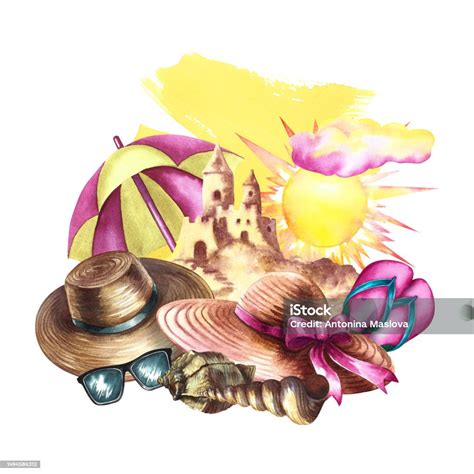 바다에서 휴가 해변 속성을 묘사 한 구성 비치 파라솔 모래성 등 수채화 그림입니다 전단지 배너 엽서 디자인 초대장 포스터 라벨용 0명에 대한 스톡 벡터 아트 및 기타 이미지