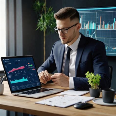 A Man Sits At A Desk With A Laptop And A Graph Showing The Graph Graph Premium Ai Generated Image