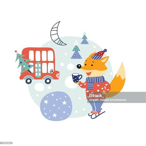 원활한 패턴 겨울 스포츠 귀여운 만화 여우는 아이스 스케이팅입니다 버스는 크리스마스 트리를 들고 있습니다 버스에 대한 스톡 벡터 아트 및 기타 이미지 Istock