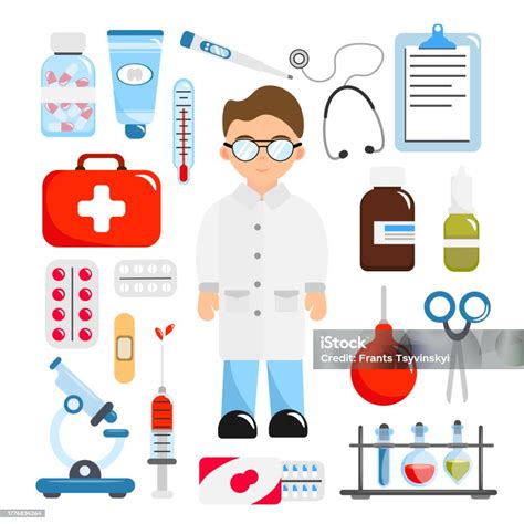 의료 기기 만화 스타일의 세트입니다 의사 의약품 연고 온도계 현미경 시험관 주사기 가위 흰색 바탕에 석고의 벡터 그림 가위에 대한 스톡 벡터 아트 및 기타 이미지 Istock
