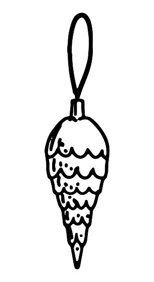 리본에 유리 싸구려 낙서 크리스마스 트리 장식의 개요 그리기입니다 손으로 그린 벡터 그림입니다 흰색으로 격리된 단일 클립아트 겨울에 대한 스톡 벡터 아트 및 기타 이미지