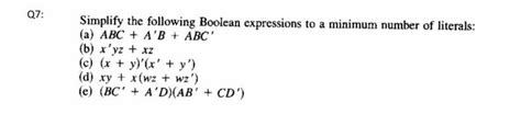 solved simplify the following boolean expressions to a