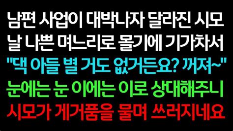 【실화사연】 남편 사업이 대박나자 달라진 시모 날 나쁜 며느리로 몰기에 기가차서 눈에는 눈 이에는 이로 상대해주니 시모가