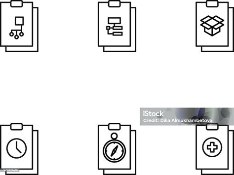 벡터 기호와 검은 색 얇은 선으로 그려진 단색 기호의 선 아이콘 컬렉션 상점 사이트 응용 프로그램에 적합합니다 알고리즘 열린 상자 시계 타이머 클립 보드의 의료용 십자가 0
