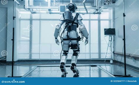 rear view of a humanoid robot undergoing testing and calibration in a