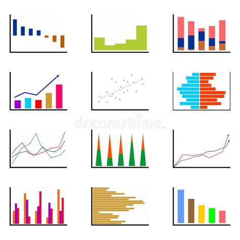 Set Of Various Bar Graphs Of Different Colors And Shapes In A Row And