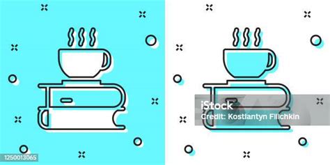 블랙 라인 커피 컵과 녹색과 흰색 배경에 고립 된 책 아이콘 차 컵 뜨거운 음료 커피 임의동적 모양 벡터 일러스트레이션 가능성에 대한 스톡 벡터 아트 및 기타 이미지