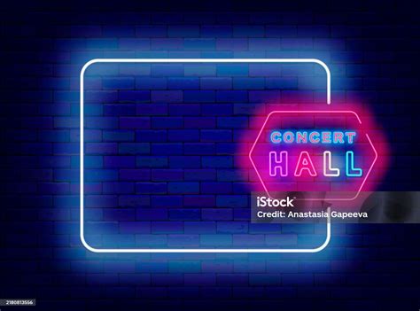 콘서트 홀 네온 발표 빈 흰색 프레임과 타이포그래피 기하학적 모양 뮤직 페스티벌 이벤트 가벼운 인사말 카드입니다 공간을 복사합니다 편집 가능한 획 벡터 스톡 일러스트레이션