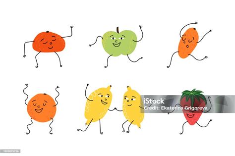 귀여운 만화 과일 캐릭터 세트 재미있는 과일은 다양한 포즈로 춤을 추고 부부와 그 자체로 Pas를 합니다 벡터 격리 된 그림입니다 가공의 인물에 대한 스톡 벡터 아트 및