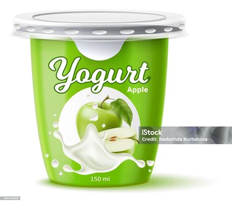 요구르트 패키지 디자인 유제품 육즙이 많은 녹색 사과 과일 맛 발효유 식품을위한 밀폐 된 항아리 크림 디저트 용기 모형입니다 호일 캡이 있는 3d 냄비 벡터 플라스틱 포장