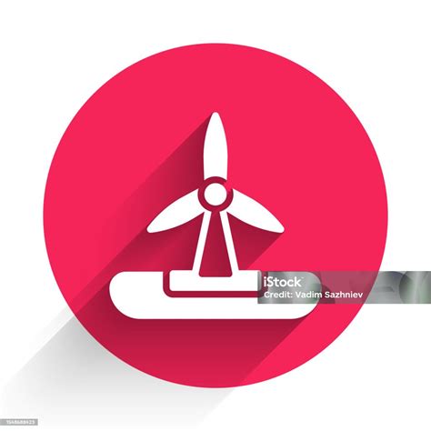 긴 그림자로 격리된 화이트 윈드 터빈 아이콘 풍력 발전기 기호 전력 생산을 위한 풍차 빨간색 원 버튼입니다 벡터 개념에 대한
