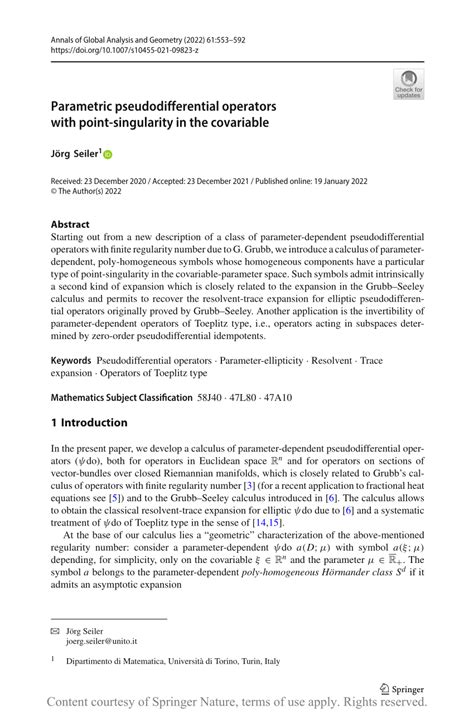 pdf parametric pseudodifferential operators with point singularity in
