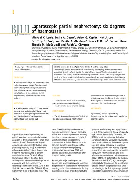 Pdf Laparoscopic Partial Nephrectomy Six Degrees Of Haemostasis