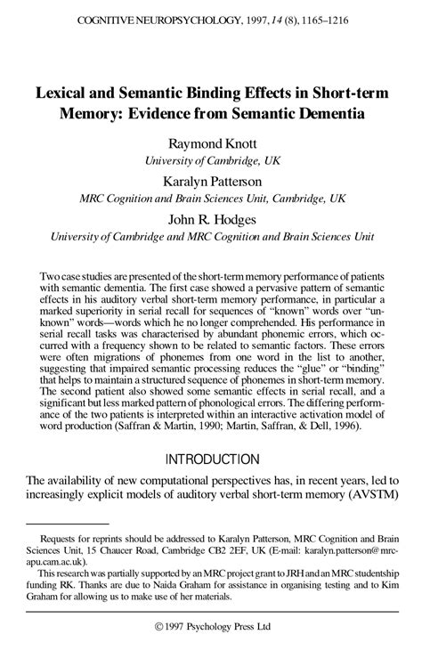Pdf Lexical And Semantic Binding Effects In Short Term Memory Evidence From Semantic Dementia