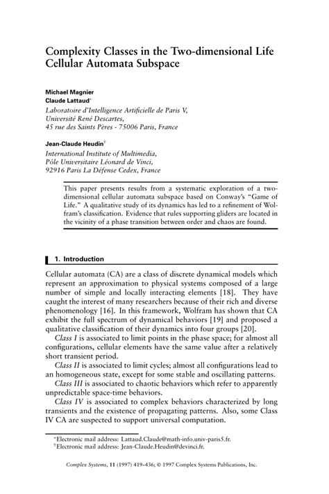 Pdf Complexity Classes In The Two Dimensional Life Cellular Automata