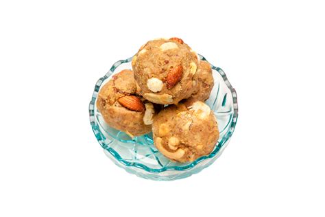 Indian Homemade Sweet Laddoo In Glass Bowl Fruits Delicacy White