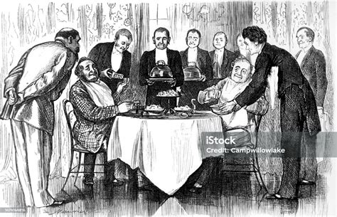 영국 풍자 만화 만화 캐리커처 삽화 매우 큰 그룹의 국내 직원이 제공하는 테이블에 앉아 있는 두 남자 역사에 대한 스톡 벡터 아트 및 기타 이미지 Istock