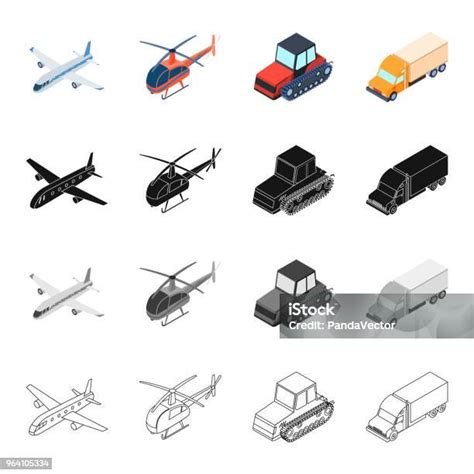 공기 수송 항공기 헬리콥터 트럭 농업 트랙터 전송 만화 블랙 단색 개요 스타일 벡터 기호 재고 일러스트 레이 션 아이소메트릭 웹에서 컬렉션 아이콘을 설정합니다 헬리콥터에