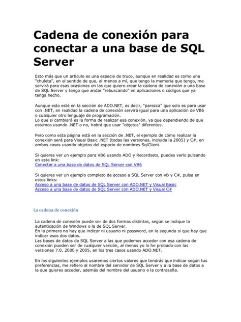 Cadena De Conexión Para Conectar A Una Base De Sql Server Pdf Servidor Sql De Microsoft