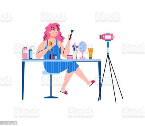 동영상 블로거는 화장품 및 메이크업 만화 벡터 일러스트레이션을 격리시 로케이션합니다 가정용 캠코더에 대한 스톡 벡터 아트 및 기타 이미지 가정용 캠코더 개념 검사