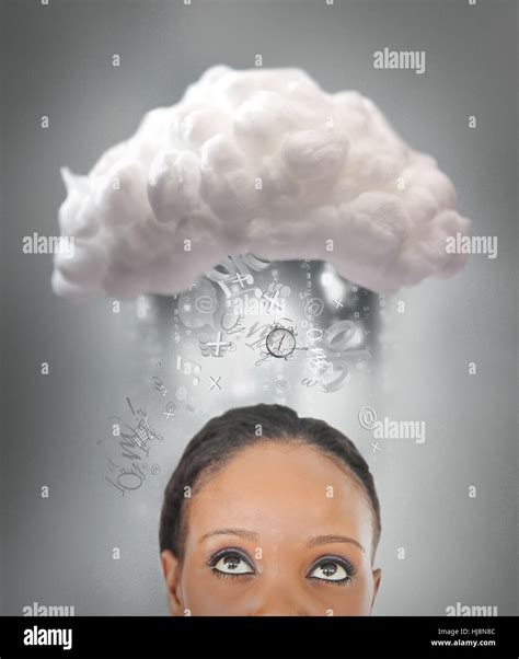 Girl Thinking About Cloud Computing On Grey Background Stock Photo Alamy