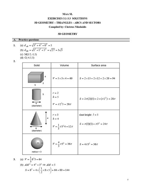 Maa Sl 31 33 3d Geometry Triangles Solutions Pdf Elementary Geometry Complex Analysis