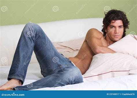 Man Lying In Bed Shirtless Stock Image Image Of Flirt 23740017