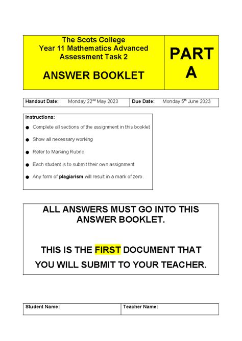 2023 11 Adv Task 2 Answer Booklet The Scots College Year 11 Mathematics Advanced