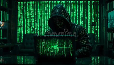 Hooded Hacker Dark Room Green Matrix Code Computer Screen Stock Illustration Illustration