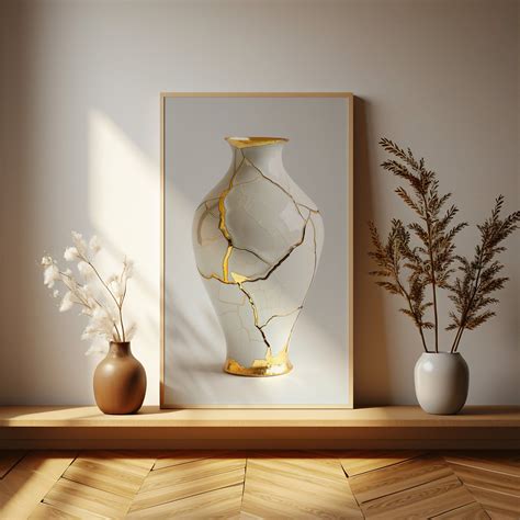 Kintsugi Planter W Artificial Plant White Gold Kintsugi Flower Pot Kintsugi Vase Kintsugi
