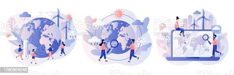 기상 과학 세계 기상 일 작은 사람들 기상학자 연구 하 고 날씨와 기후 상태를 연구 현대 플랫 만화 스타일 흰색 배경의 벡터 그림 개념에 대한 스톡 벡터 아트 및 기타