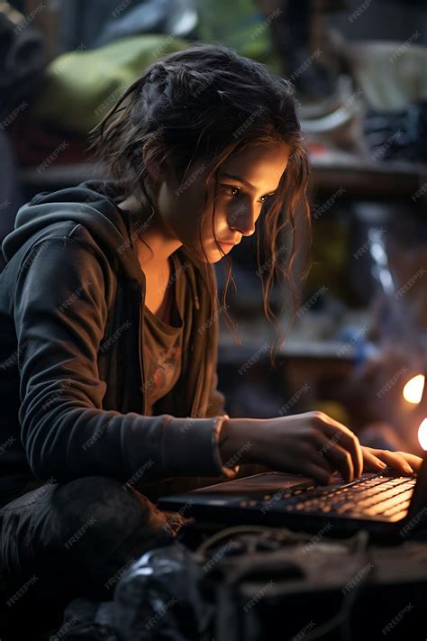 Premium Photo A Young Girl Coding On A Battered Laptop Tenacious And Hard Digital Native Gen