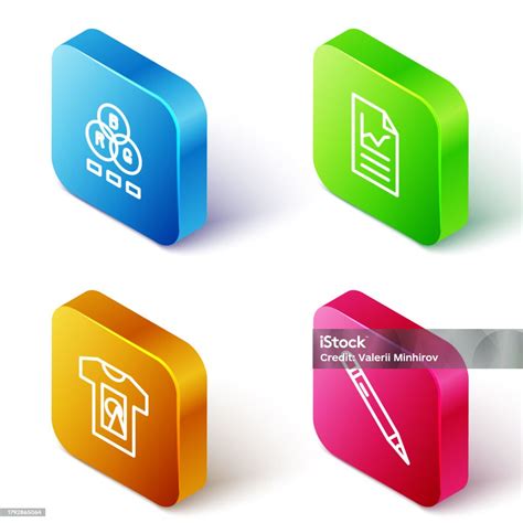 등각 투영 선 Rgb 색상 혼합 그래프 차트가있는 문서 티셔츠 및 연필 지우개 아이콘을 설정합니다 벡터 3차원 형태에 대한 스톡 벡터 아트 및 기타 이미지 Istock