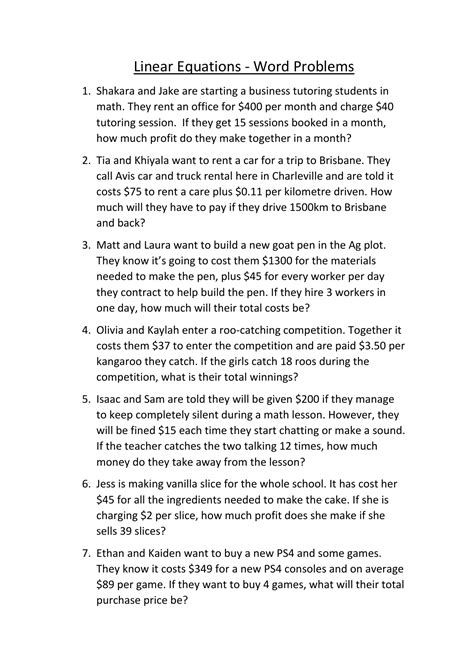 Linear Equations Simple Word Problems