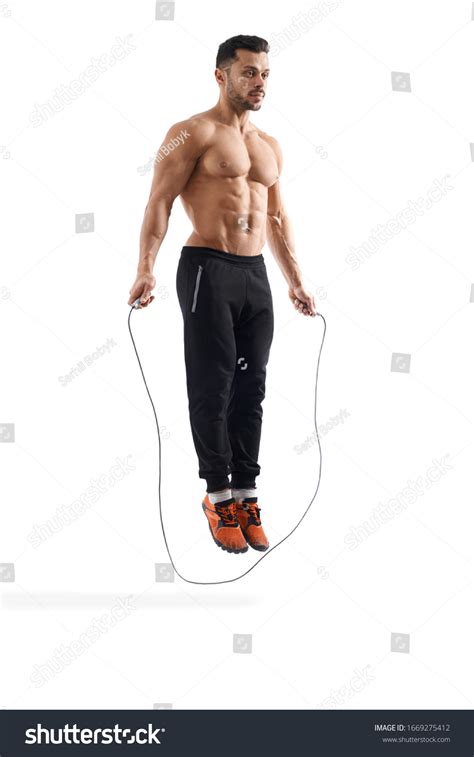 Side View Shirtless Caucasian Bodybuilder Jumping Stock Photo Edit Now 1669275412