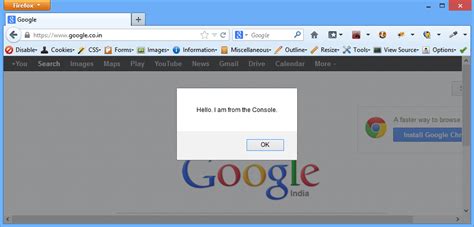 developer tools console of web browser