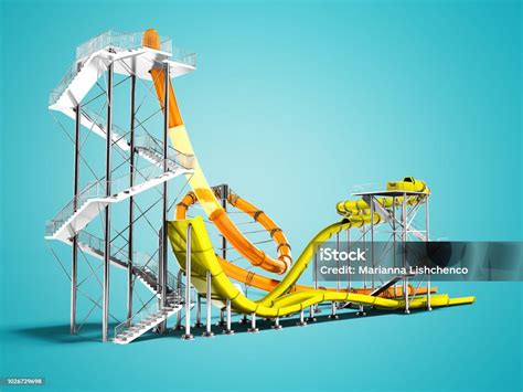 주황색 대형 워터 슬라이드와 그림자와 파란색 배경에 여름 3d 렌더링에 워터 파크 및 비치 재미 작은 노란색 워터 슬라이드 곡선에 대한 스톡 사진 및 기타 이미지 Istock