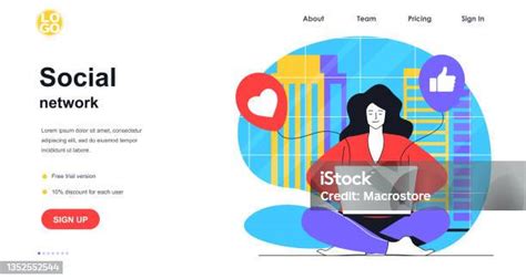 소셜 네트워크 웹 배너 개념 브라우징 게시 좋아요와 하트 온라인 통신 방문 페이지 템플릿을 위해 노트북을 사용하는 여성 플랫 디자인의 인물 장면과 벡터 일러스트레이션 가상