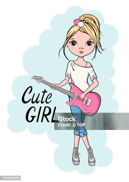 손으로 그린 일렉트릭 기타와 아름 다운 귀여운 소녀 흰색 배경에 레터링 텍스트로 고립 된 재미 있는 캐릭터 셔츠 프린트 디자인을 위한 슬로건 벡터 일러스트입니다 기타