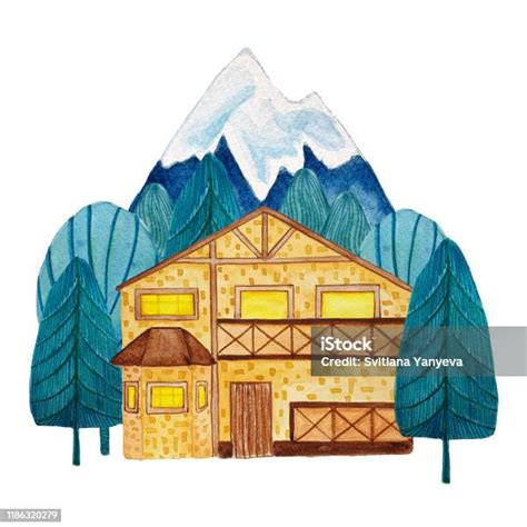 산과 소나무와 수채화 손으로 그린 샬레 스키 리조트 일러스트 엽서 라벨 스티커 가방 포장 스키 리조트에 대한 스톡 벡터 아트 및