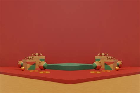 메리 크리스마스와 새해 복 많이 받으세요 배너 디자인 포스터 및 커버 디자인 배경 복사 공간이있는 크리스마스 스튜디오 테이블 룸 제품 디스플레이 3d 일러스트 레이 션 12